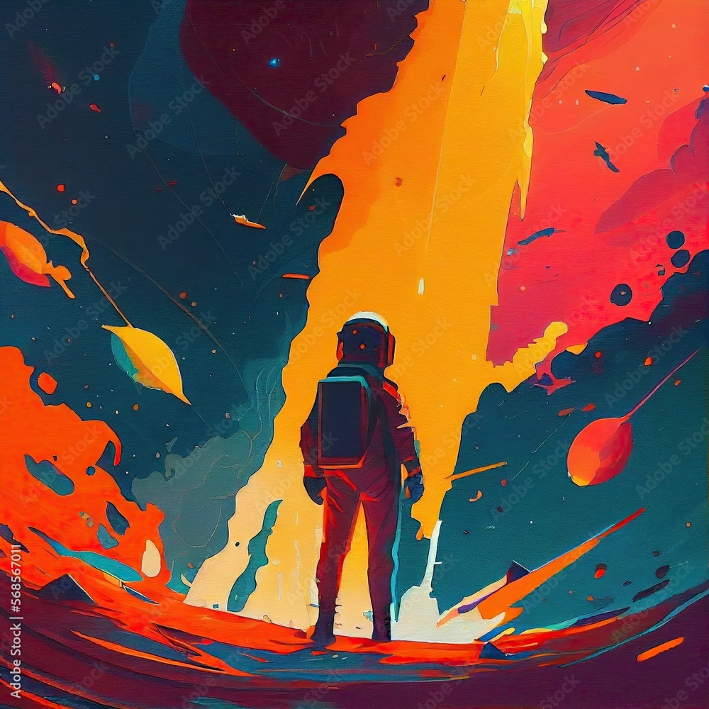 Astronaut in space, watercolor sketch style, vivid color scheme, front ...