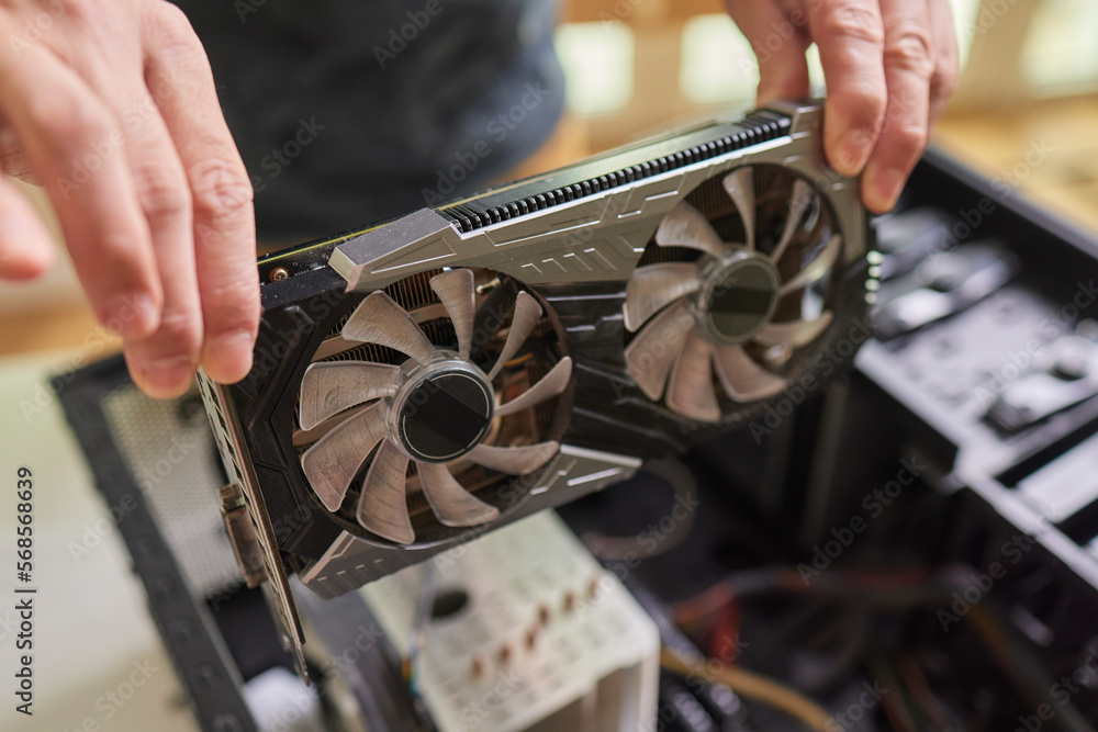 Installing a video card on the motherboard. Installing computer ...