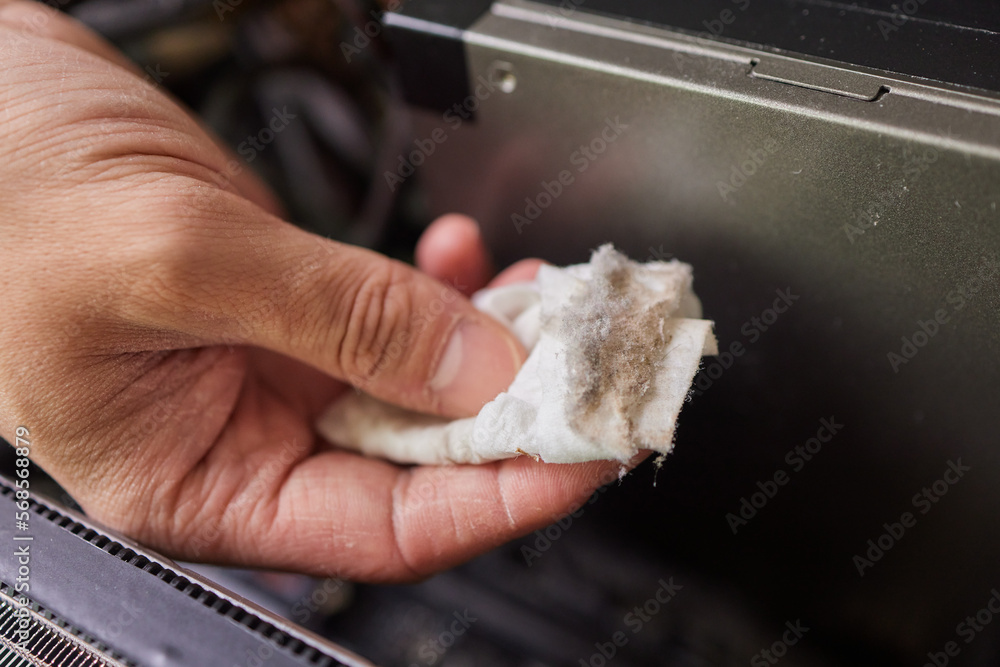 Internal parts of an old personal computer. Dusty motherboard, video ...