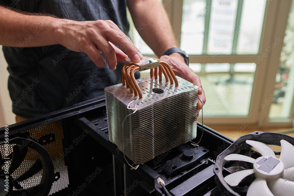 Internal parts of an old personal computer. Dusty motherboard, video ...