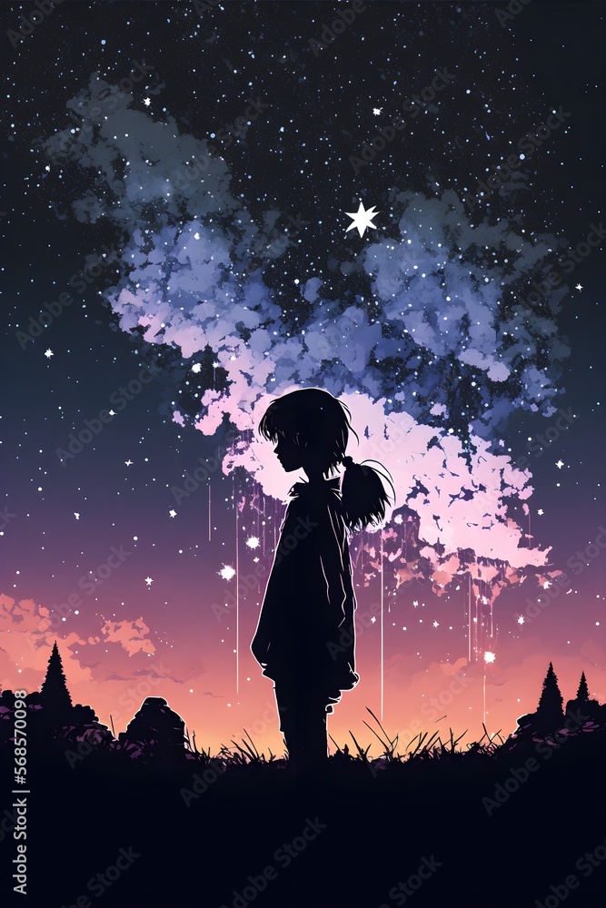 sad nightcore anime illustration of a silhouette of a girl watching ...