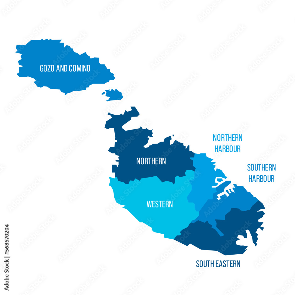 Malta political map of administrative divisions - regions. Flat blue ...