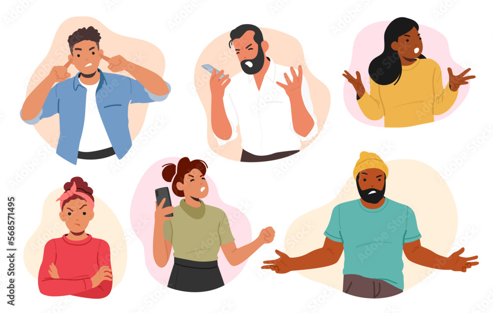 Set Of Angry Male And Female Characters, Adult Persons With Scowling ...