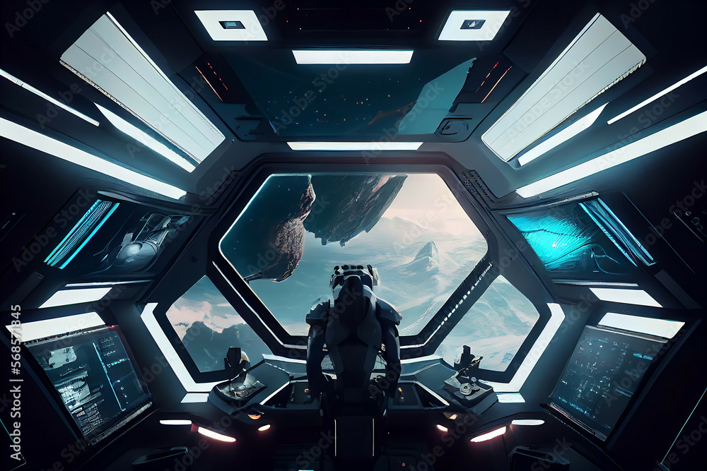 An alien inside an ultramodern ship with 3 d screens. Generative AI.3 ...