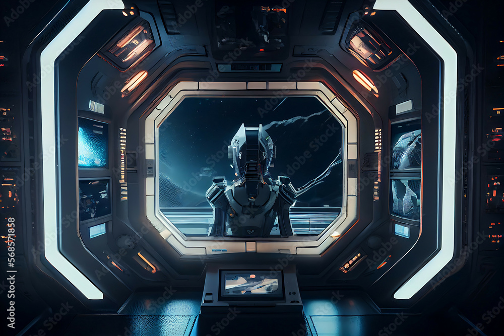 An alien inside an ultramodern ship with 3 d screens. Generative AI ...