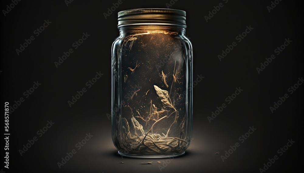 a glass jar with a picture of a bird in it on a dark background with a ...