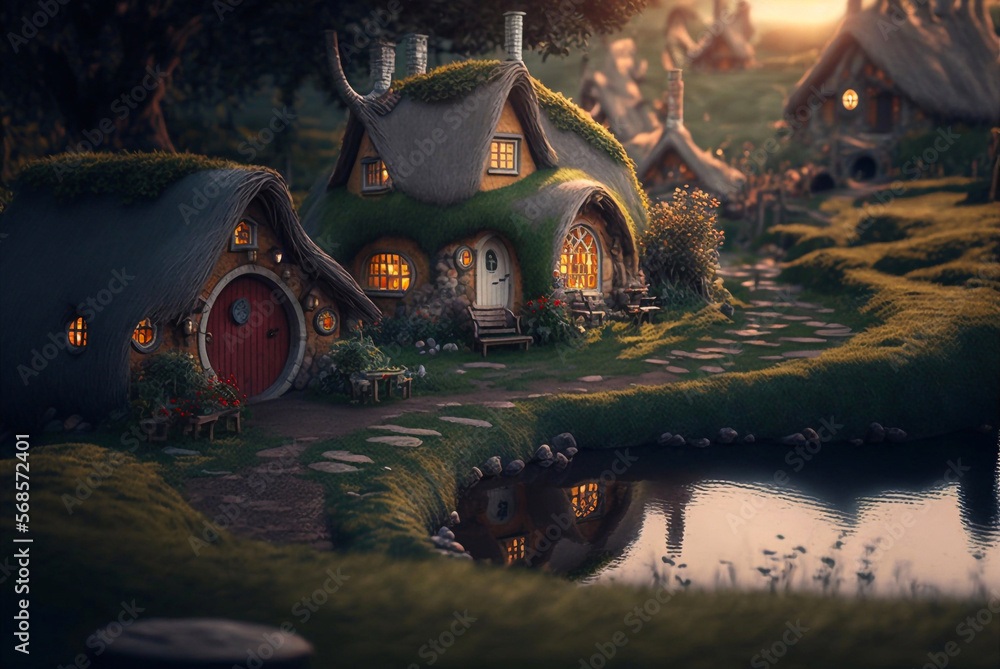Hobbit village, houses with round doors and windows. Roofs of the ...