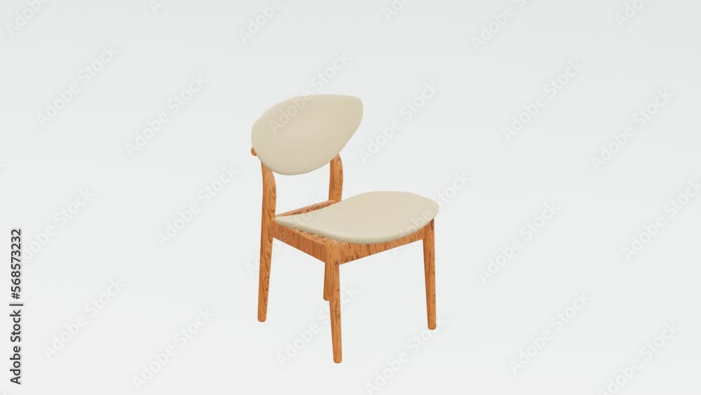 3D stylish wooden chair falling on white background. Fabric chair with ...