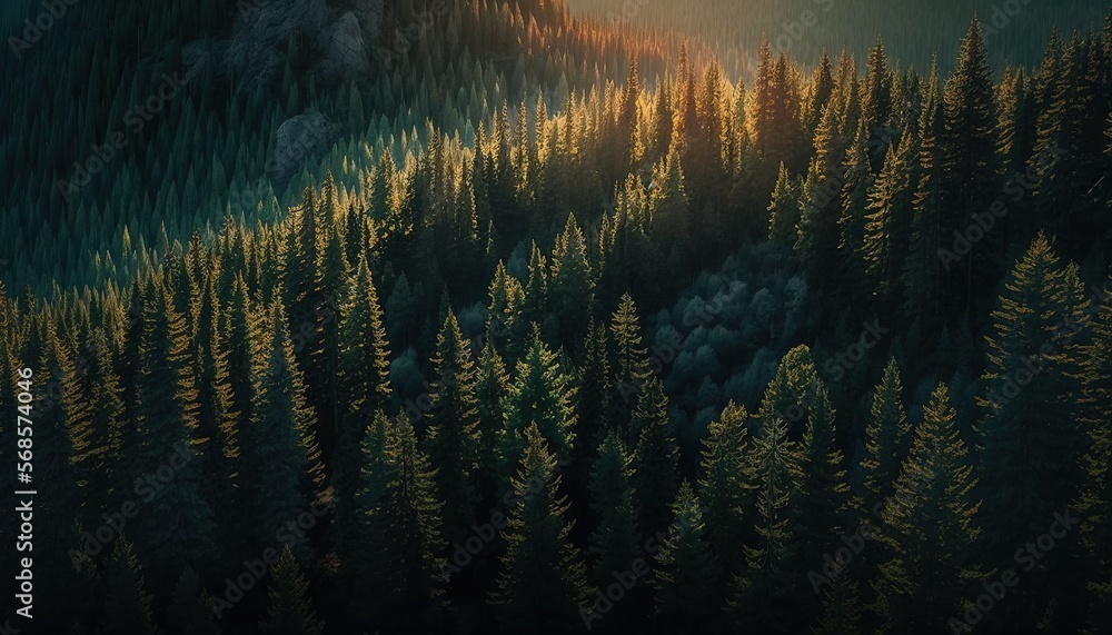 a forest filled with lots of trees under a bright sunlit sky with a ...