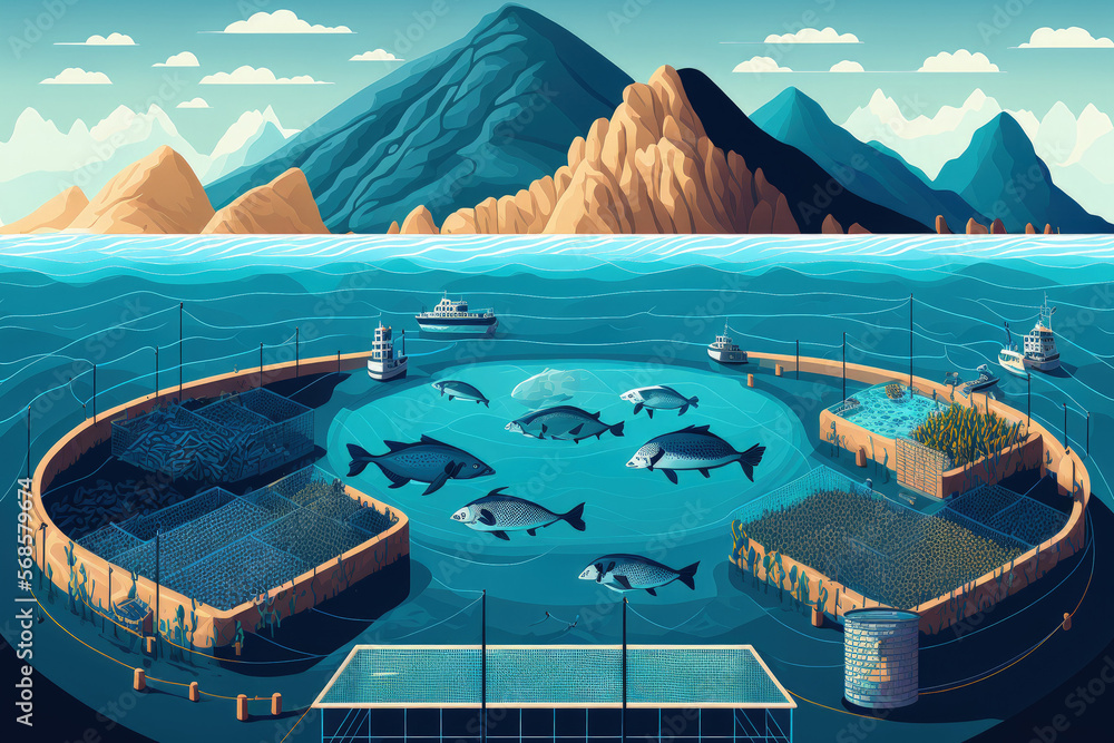 View of fishing nets and sea fish farm cages showing the farming of ...