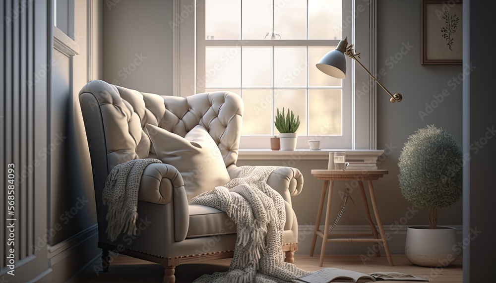 Cozy reading nook with plush armchair, natural light and a neutral ...