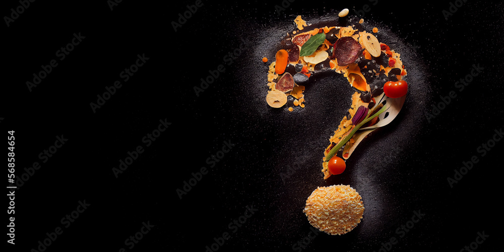 Question mark made by vegetables and fruits; healthy food concepts ...