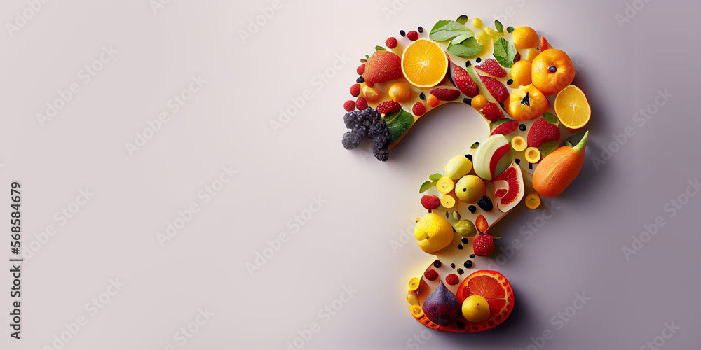 Question mark made by vegetables and fruits; healthy food concepts ...