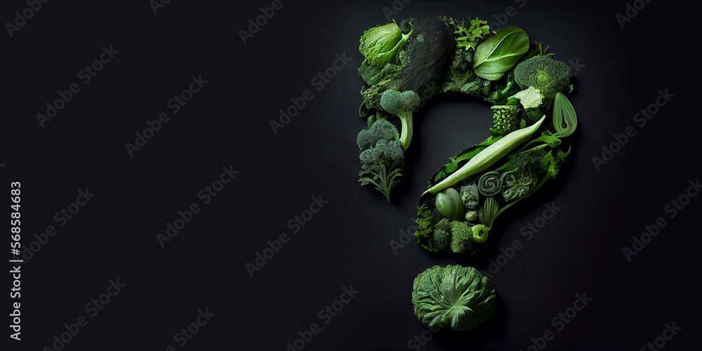 Question mark made by vegetables and fruits; healthy food concepts ...