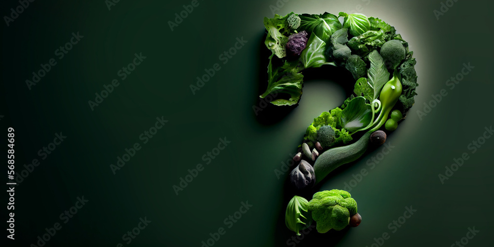 Question mark made by vegetables and fruits; healthy food concepts ...