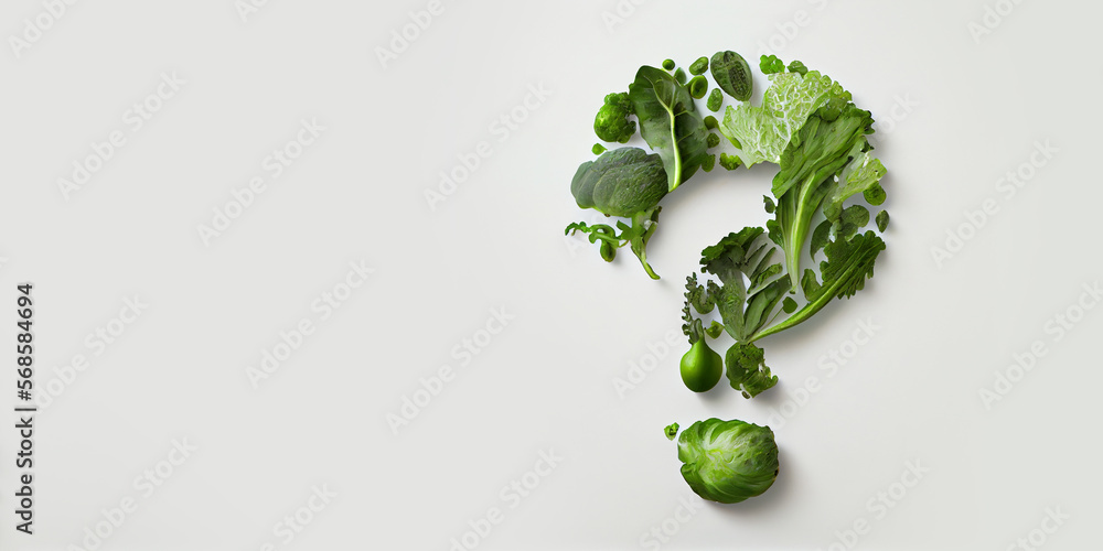 Question mark made by vegetables and fruits; healthy food concepts ...