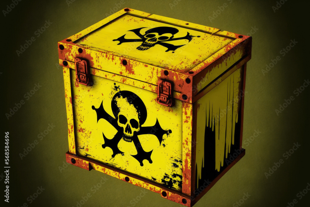 Old yellow explosive dangerous pictogram on a wooden military chest box ...
