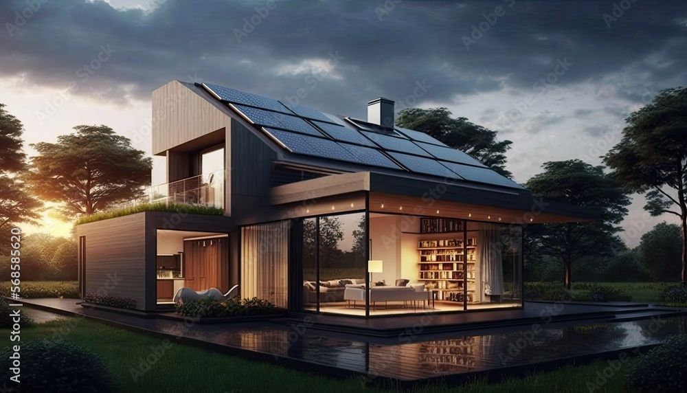 Beautiful modern house exterior design. With solar panels on the roof ...