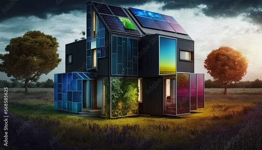 Conceptual futuristic barn with colored glass walls and solar panels ...