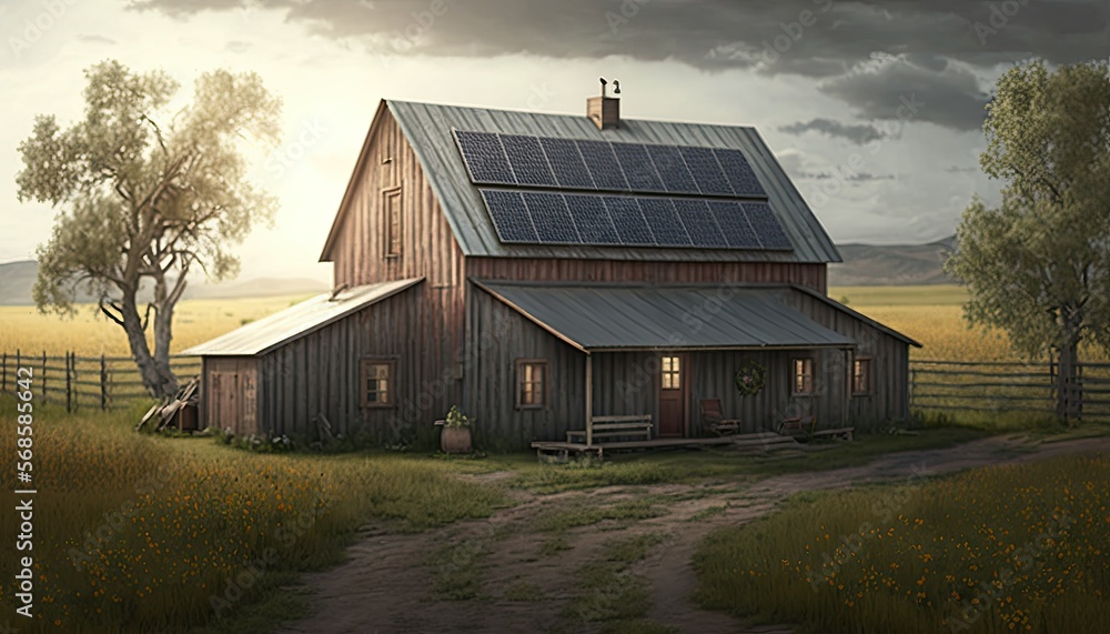 Modern farm exterior design with solar panels on the roof and a big ...
