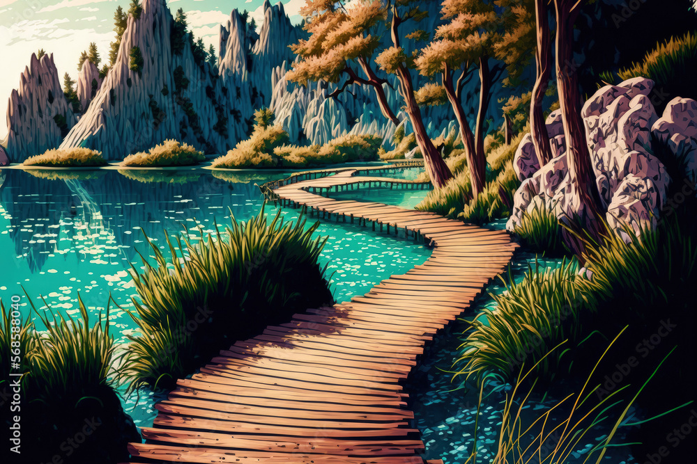 Beautiful wooden path trail for outdoor hiking with views of waterfalls ...