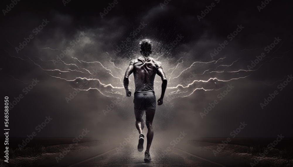 Runner's High. Abstract. Electrified by exercise. Powerful runner jogs ...