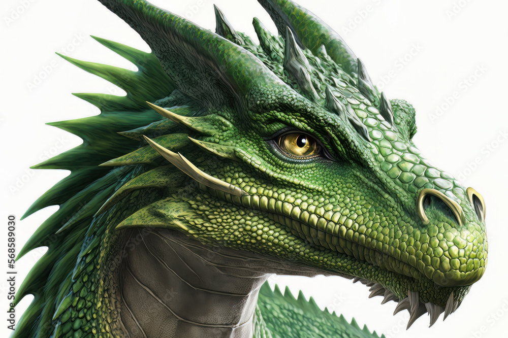 Green dragon breathing fire on a black background isolated on a white ...