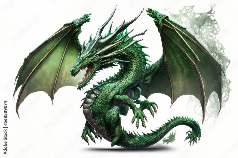 Green dragon flying through the air on a white background. Mythological ...