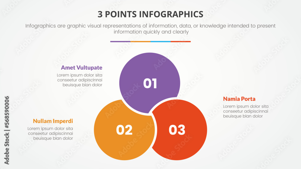 3 points or stages infographic concept with connected joined circle for ...