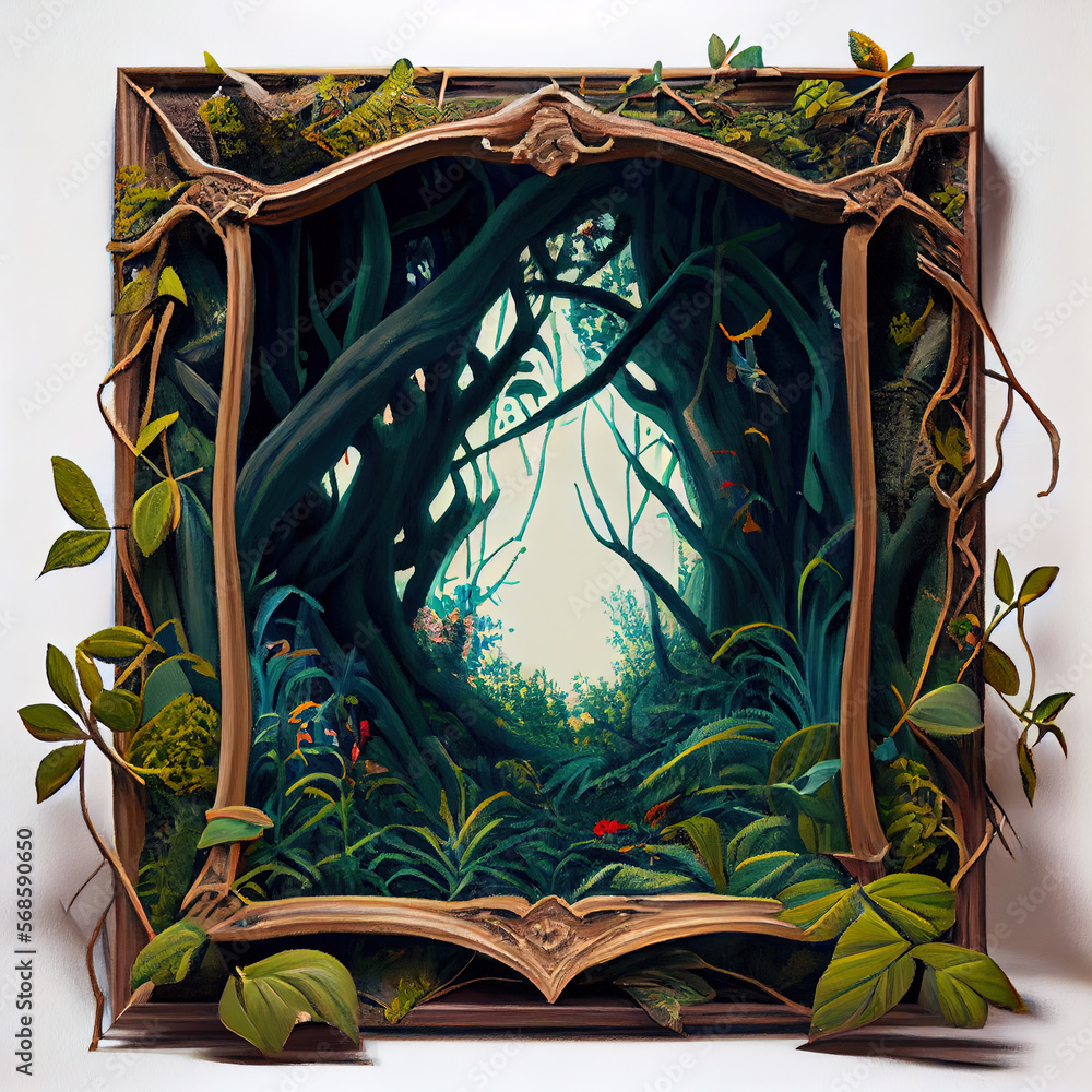 ornate wooden frame in jungle scene with plants, trees, vines, grass ...