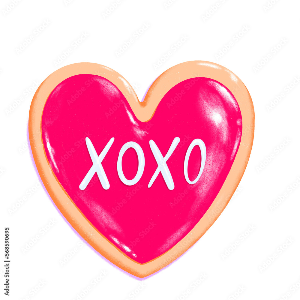 heart shape sugar cookie with red icing and XOXO writing typography ...
