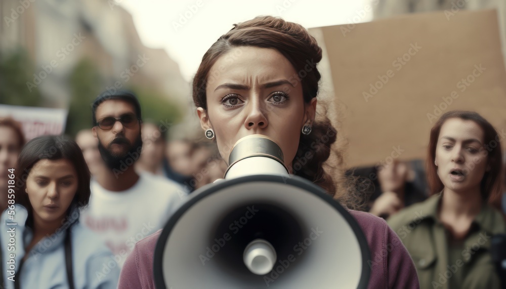 Female activist protesting with megaphone during a strike. Generative ...