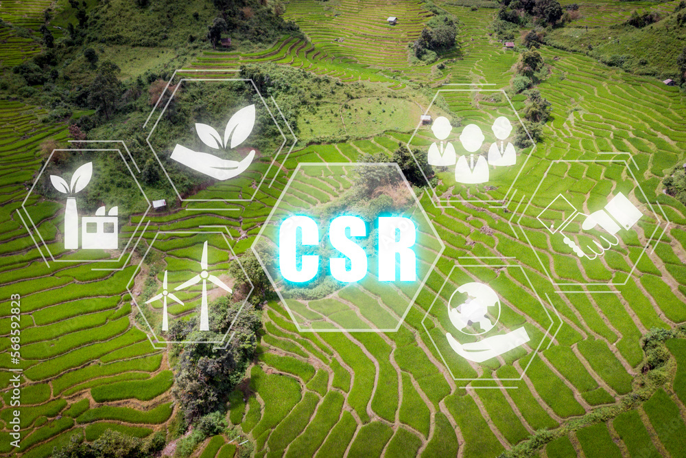 CSR Corporate Social Responsibility concept, Aerial top view rice ...