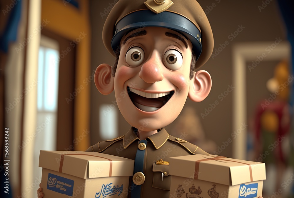 Funny cartoon parcel man at the parcel service brings the mail like at ...