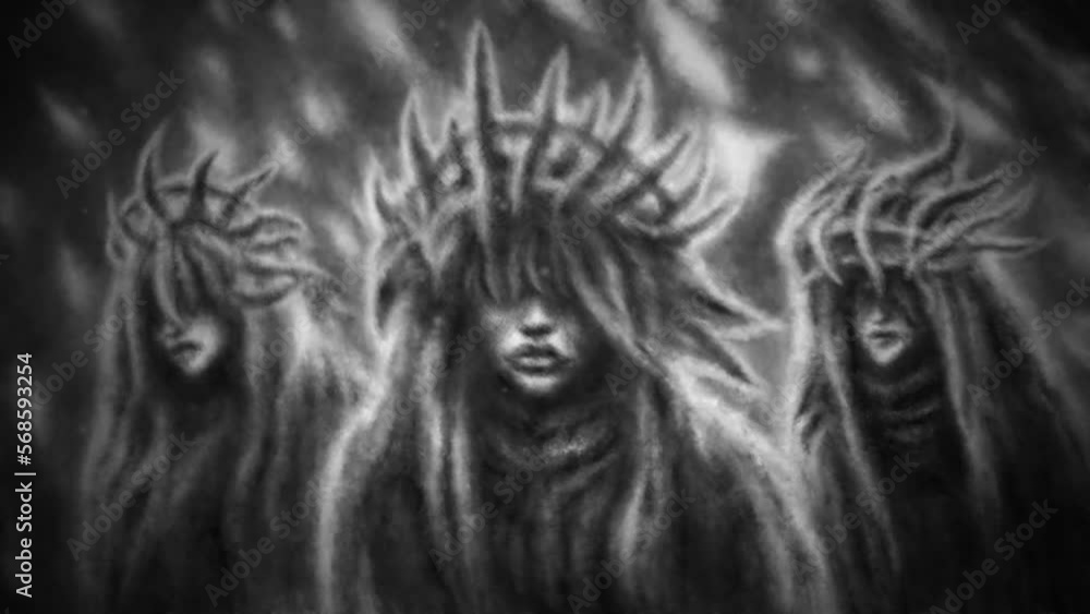 Creepy weird sisters of darkness. Evil witches 2D animation. Branch ...