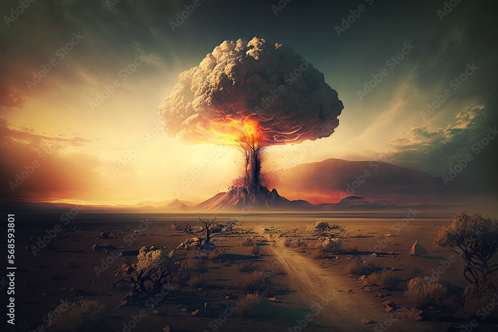 a nuclear explosion in the skyline creating a nuclear fire mushroom ...