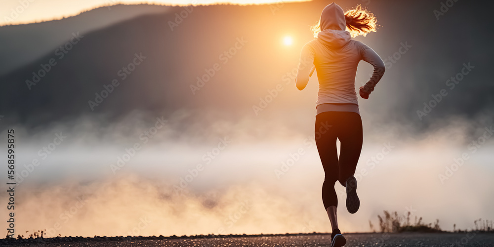 Beautiful woman running in the park at sunrise fitness workout sports ...