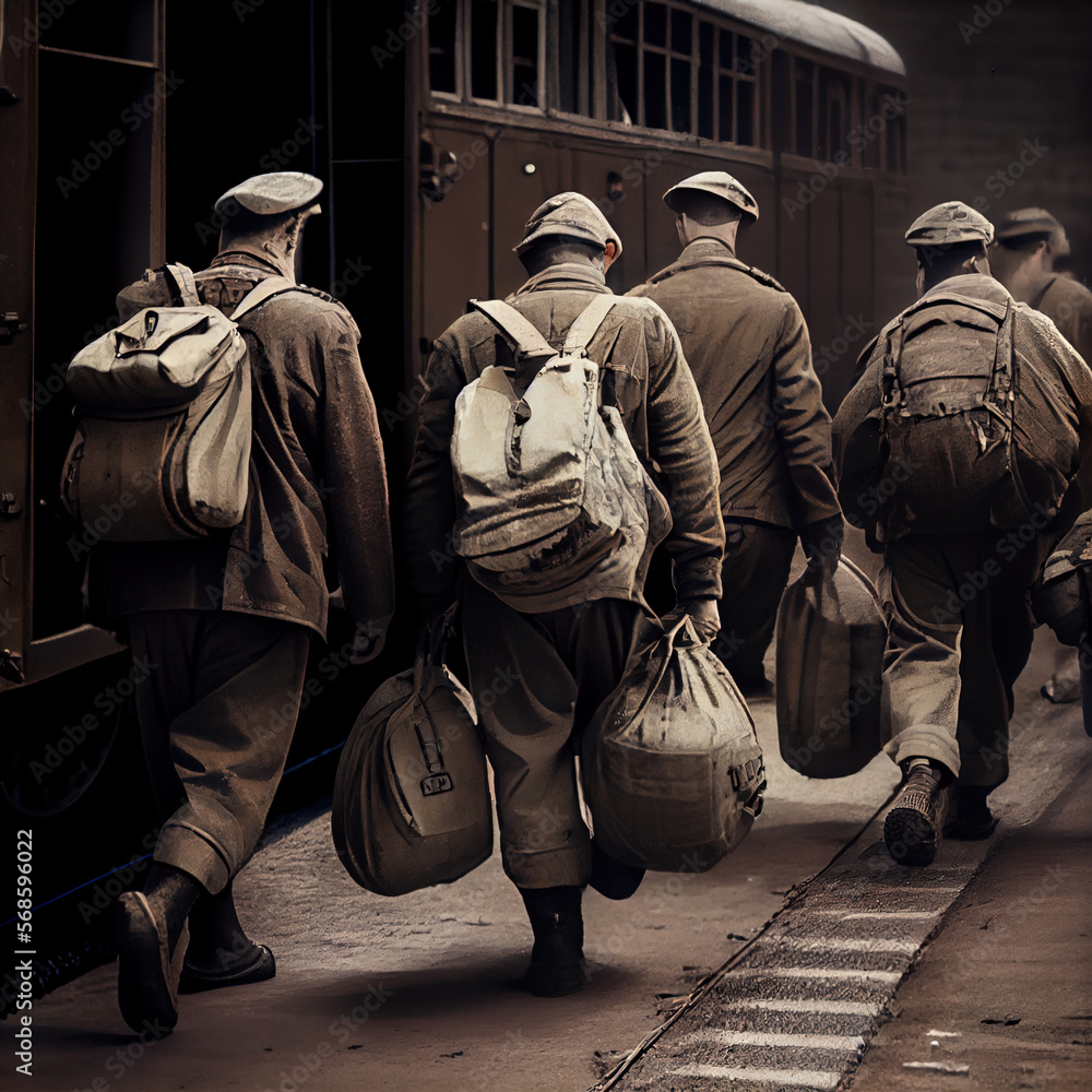 A group of soldiers walking on the street during WW2, ai generated ...