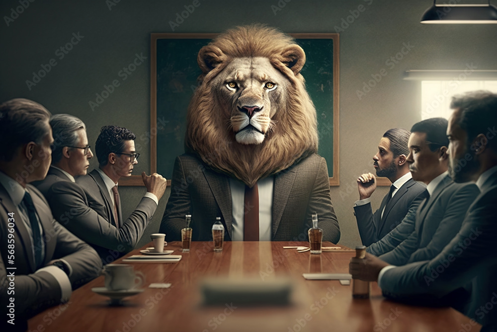 Lion wearing business suit in office, man boss with head of animal ...