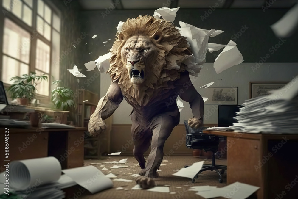 Lion wearing business suit is furious in office, mad manager with head ...