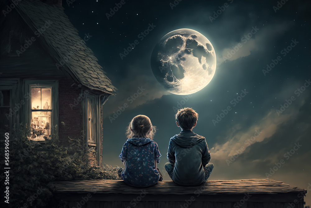 Kids sitting on roof at night, little boy and girl looks at moon in sky ...