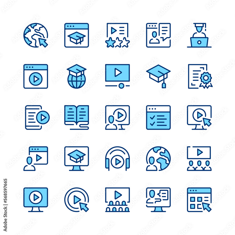 Video tutorials line icons. Set of video tutorials icons. Blue color ...