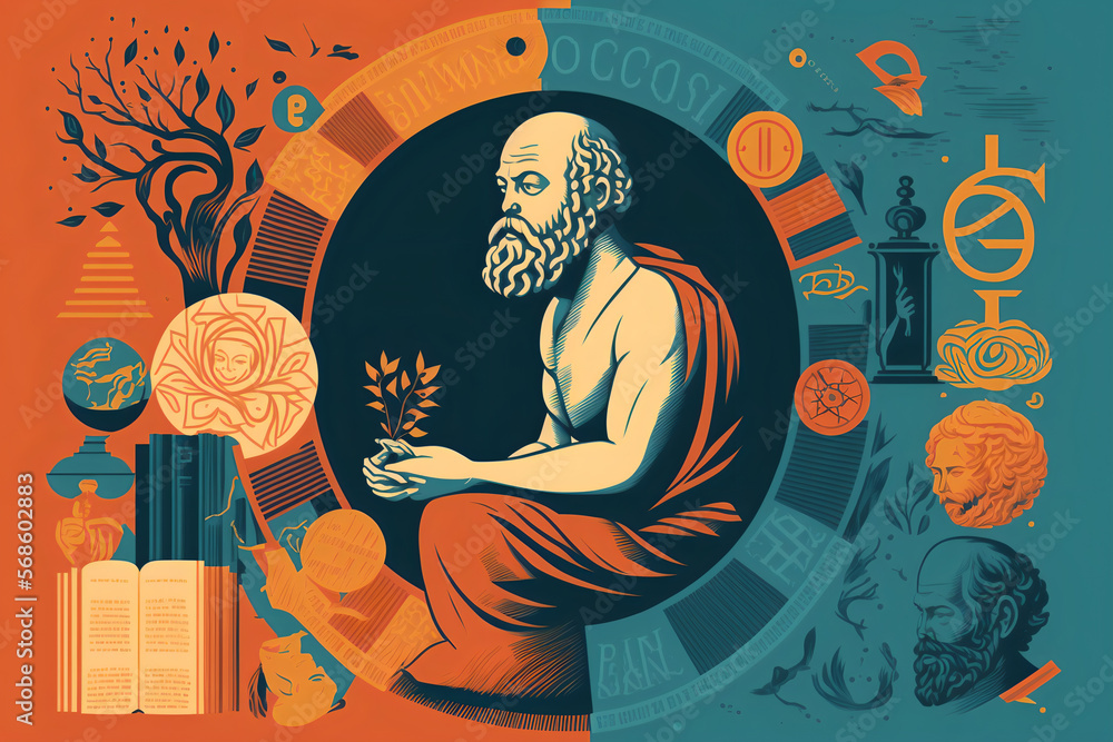 an illustration of Socrates, the ancient Greek philosopher, surrounded ...