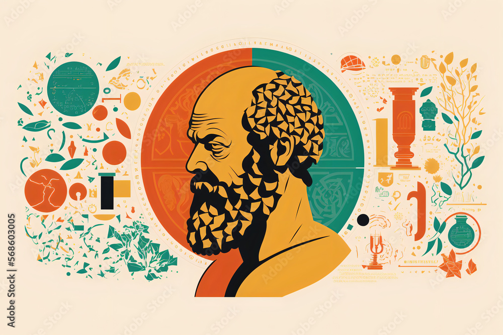 an illustration of Socrates, the ancient Greek philosopher, surrounded ...