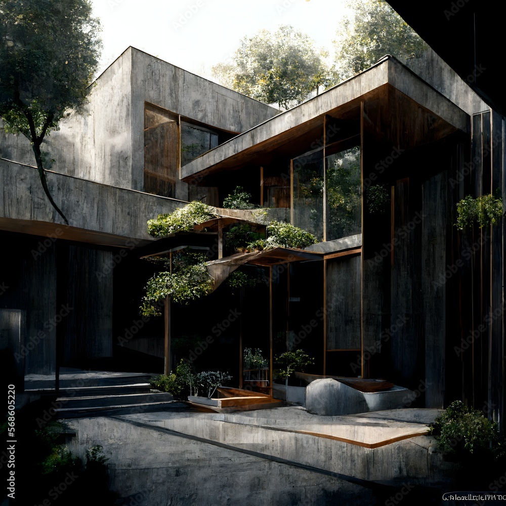 ภาพประกอบสต็อก open courtyard house concrete wood louvers glass ...