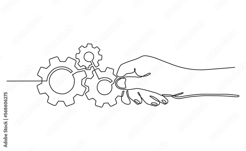 Vetor de Continuous line drawing of hands holding metal gears. hand ...