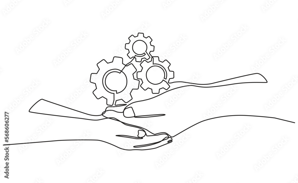 Continuous line drawing of two hands holding metal gears. hand drawn ...