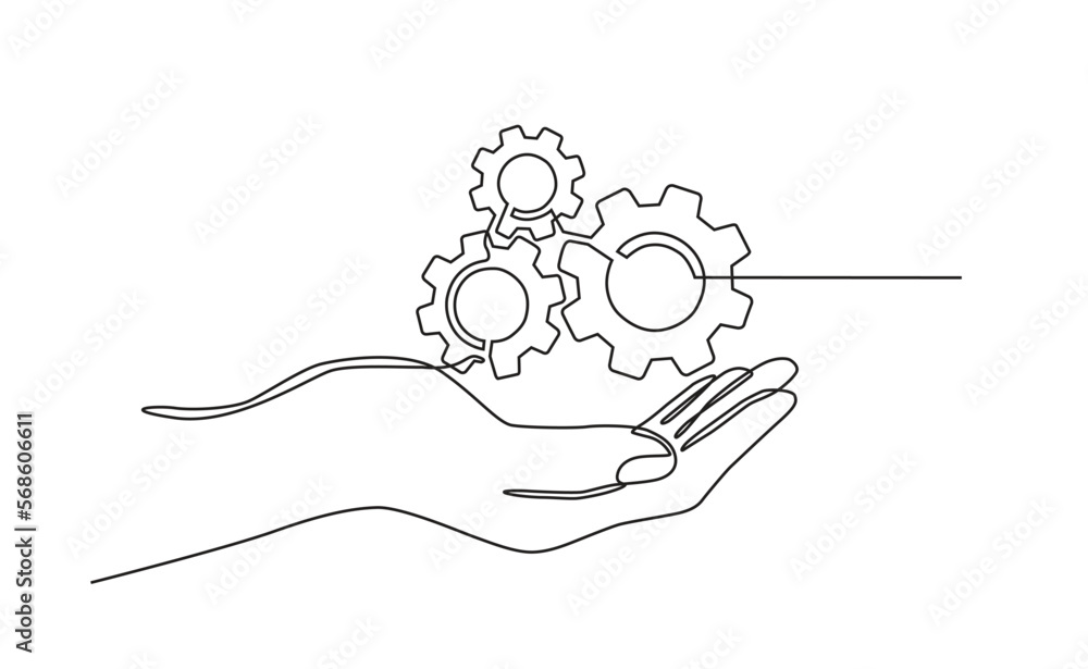 Continuous line drawing of hands holding metal gears. hand drawn metal ...