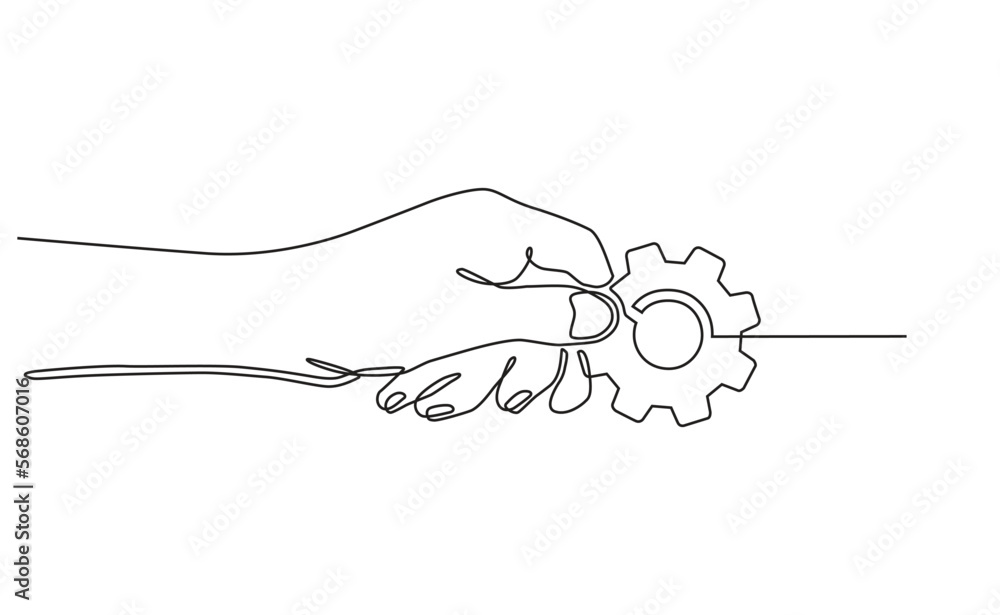 Continuous line drawing of hands holding metal gears. hand drawn metal ...