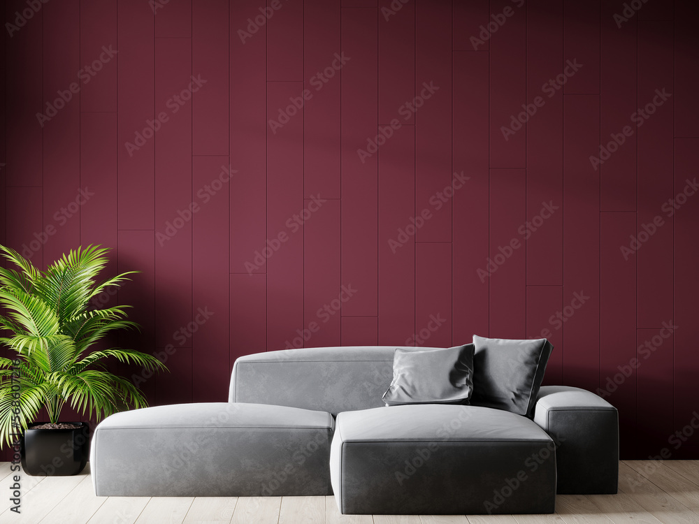 Living room with burgundy maroon viva magenta 2023 wall panels and gray ...